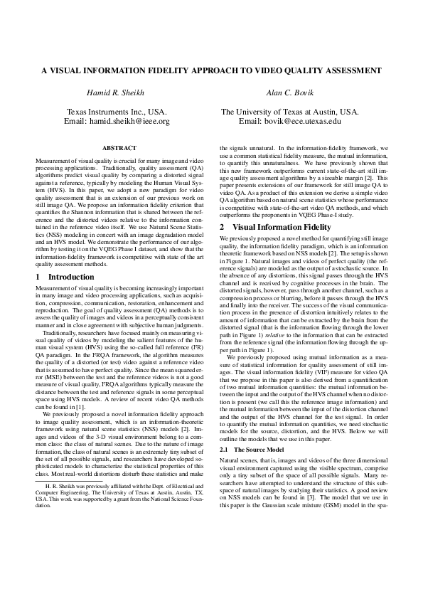 (PDF) A visual information fidelity approach to video quality assessment