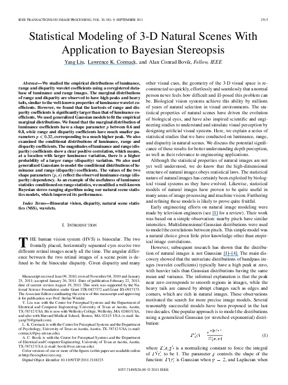 (PDF) Statistical Modeling of 3-D Natural Scenes With Application to Bayesian Stereopsis | Alan ...