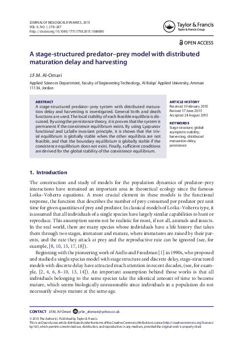 (PDF) A stage-structured predator–prey model with distributed maturation delay and harvesting
