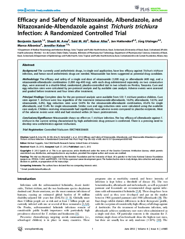 (PDF) Efficacy and Safety of Nitazoxanide, Albendazole, and Nitazoxanide-Albendazole against ...