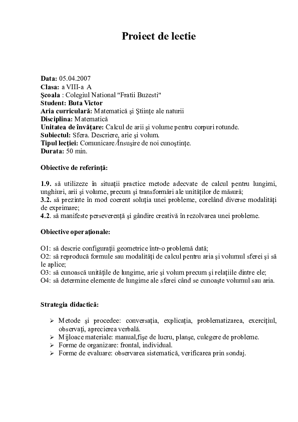 (DOC) Proiect de lectie