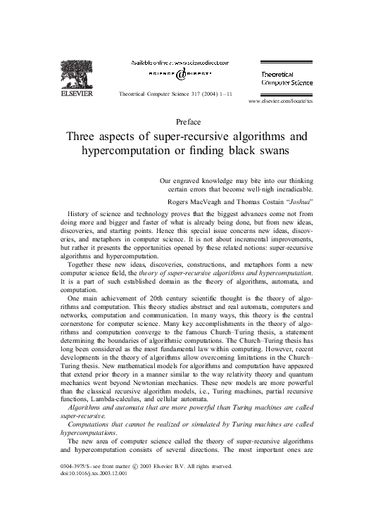 (PDF) Three aspects of super-recursive algorithms and hypercomputation or finding black swans