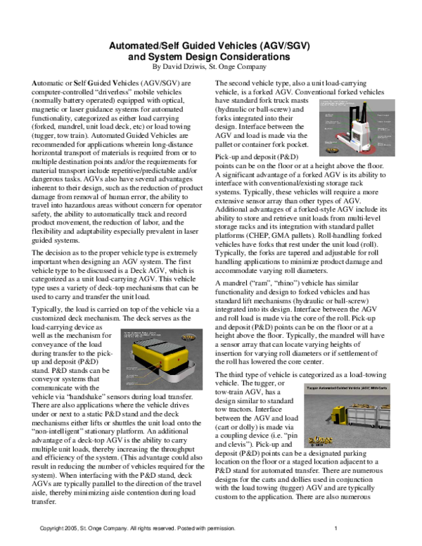 Automated/Self Guided Vehicles (AGV/SGV) and System Design Considerations