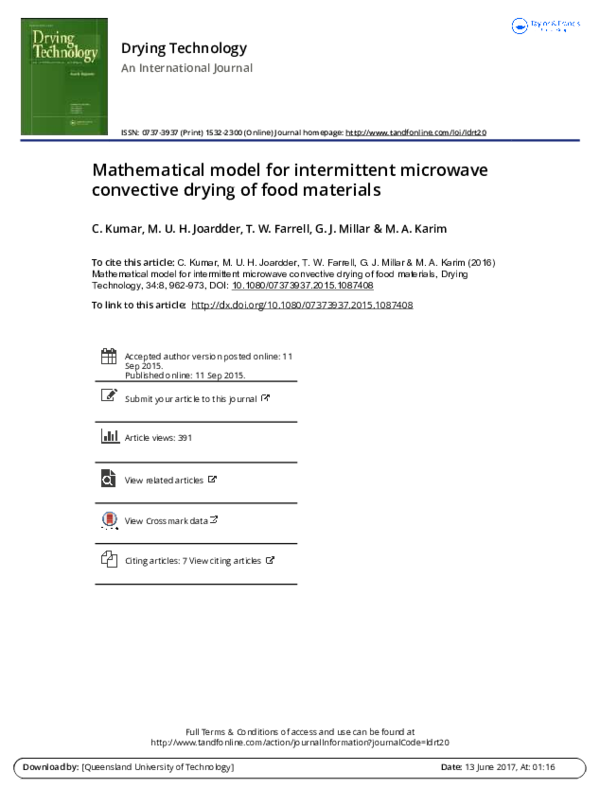 (PDF) Mathematical model for intermittent microwave convective drying of food materials