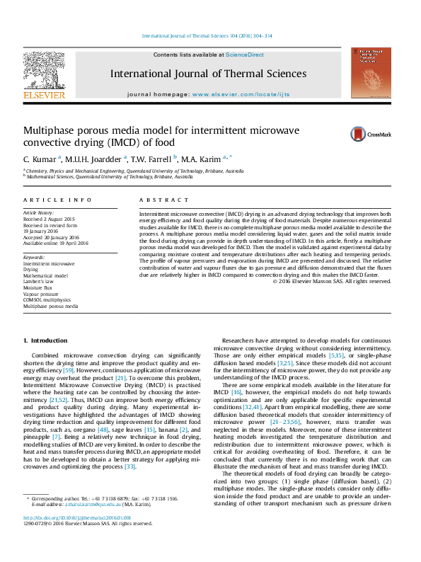 (PDF) Multiphase porous media model for intermittent microwave convective drying (IMCD) of food