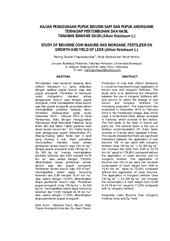 (PDF) KAJIAN PENGGUNAAN PUPUK BIOURIN SAPI DAN PUPUK ANORGANIK TERHADAP ...