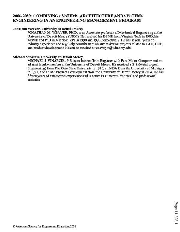 (PDF) Combining Systems Architecture And Systems Engineering In An ...