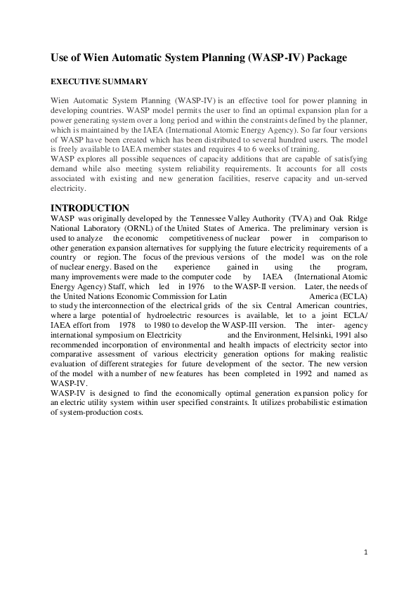 (PDF) Use of Wien Automatic System Planning (WASP-IV) Package