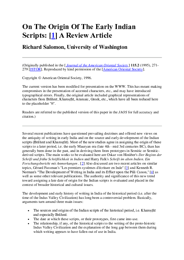 (DOC) On The Origin Of The Early Indian Scripts: [1] A Review Article