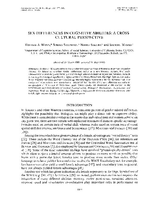 Pdf Sex Differences In Cognitive Abilities A Cross Cultural Perspective