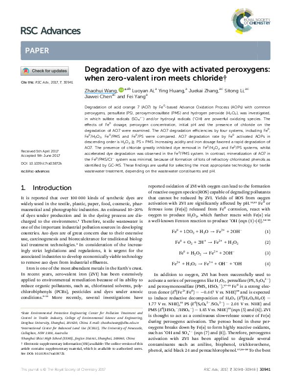 (PDF) Degradation of azo dye with activated peroxygens: when zero ...
