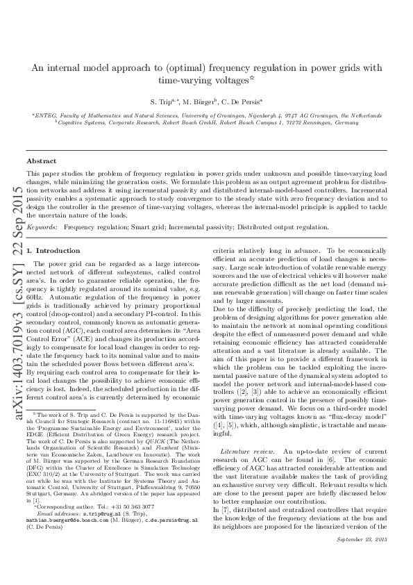 (PDF) An internal model approach to (optimal) frequency regulation in ...