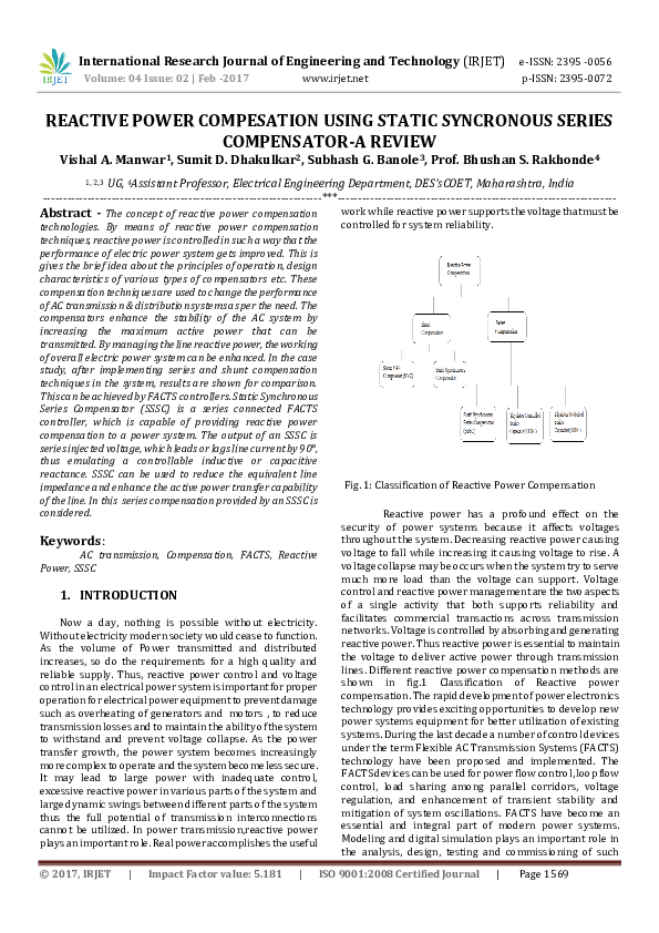 (PDF) REACTIVE POWER COMPESATION USING STATIC SYNCRONOUS SERIES COMPENSATOR-A REVIEW