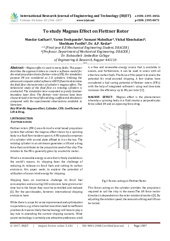 (PDF) To study Magnus Effect on Flettner Rotor