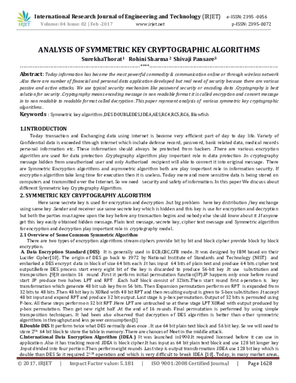 Pdf Analysis Of Symmetric Key Cryptographic Algorithms