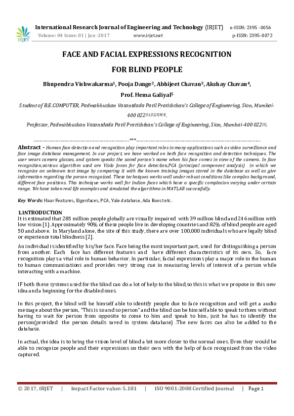 (PDF) FACE AND FACIAL EXPRESSIONS RECOGNITION FOR BLIND PEOPLE
