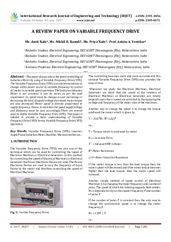 (PDF) A REVIEW PAPER ON VARIABLE FREQUENCY DRIVE