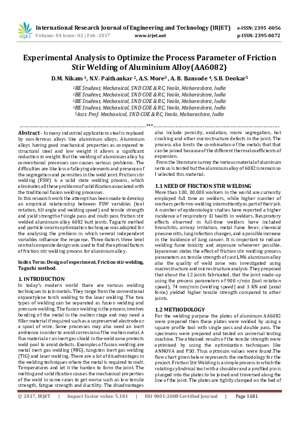 Pdf Experimental Analysis To Optimize The Process Parameter Of