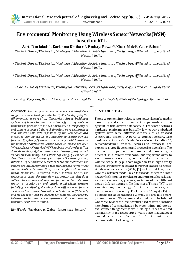 Pdf Environmental Monitoring Using Wireless Sensor Networkswsn Based On Iot