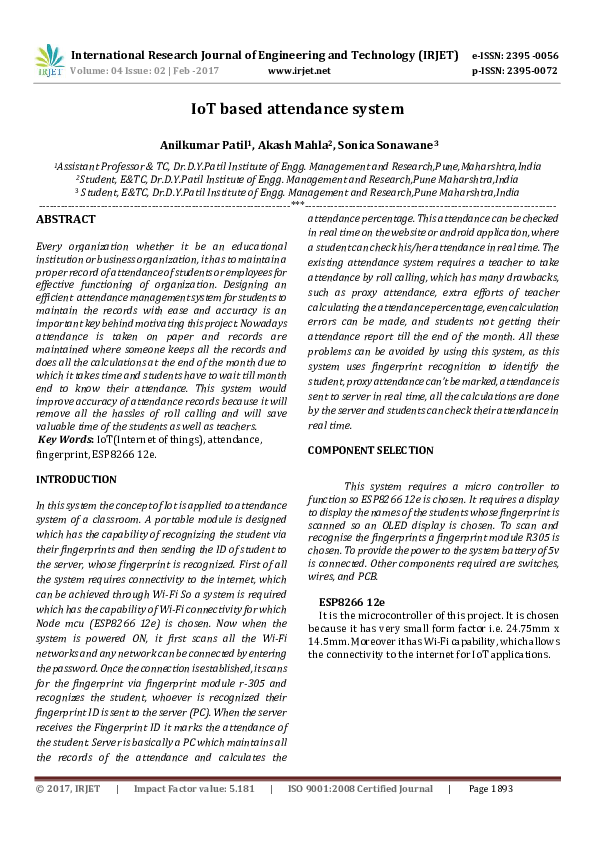 (PDF) IoT based attendance system