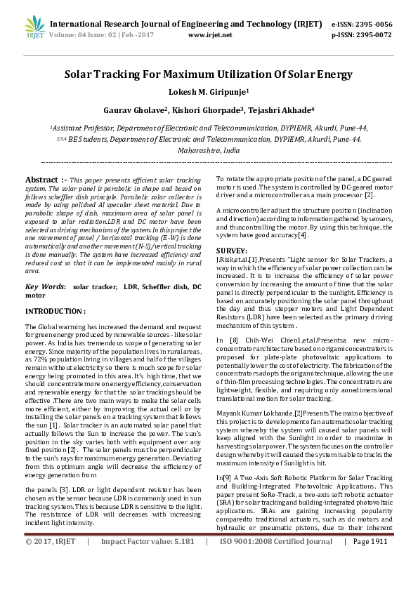 (PDF) Solar Tracking For Maximum Utilization Of Solar Energy