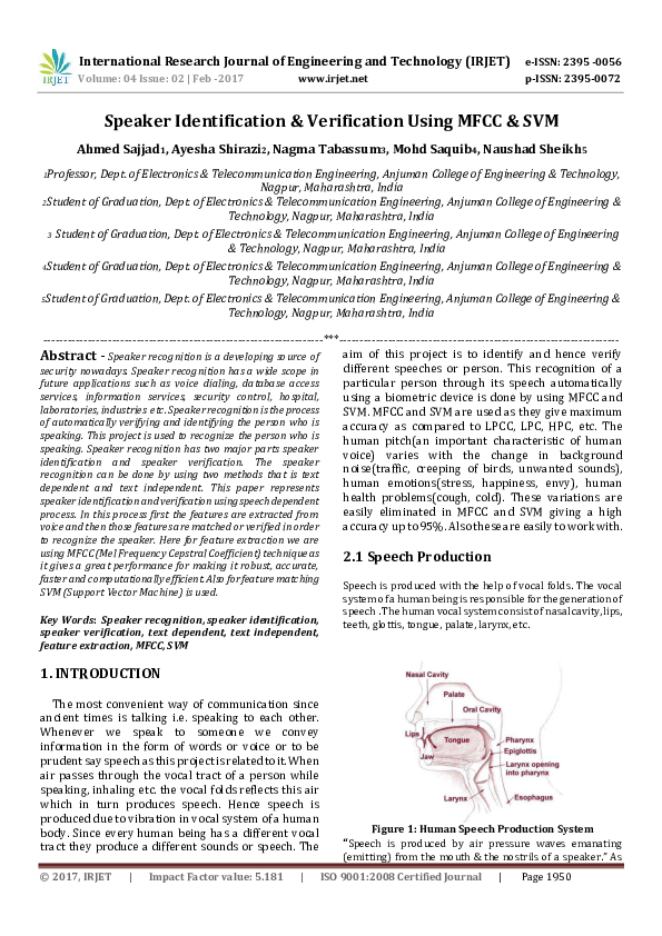 Pdf Speaker Identification And Verification Using Mfcc And Svm