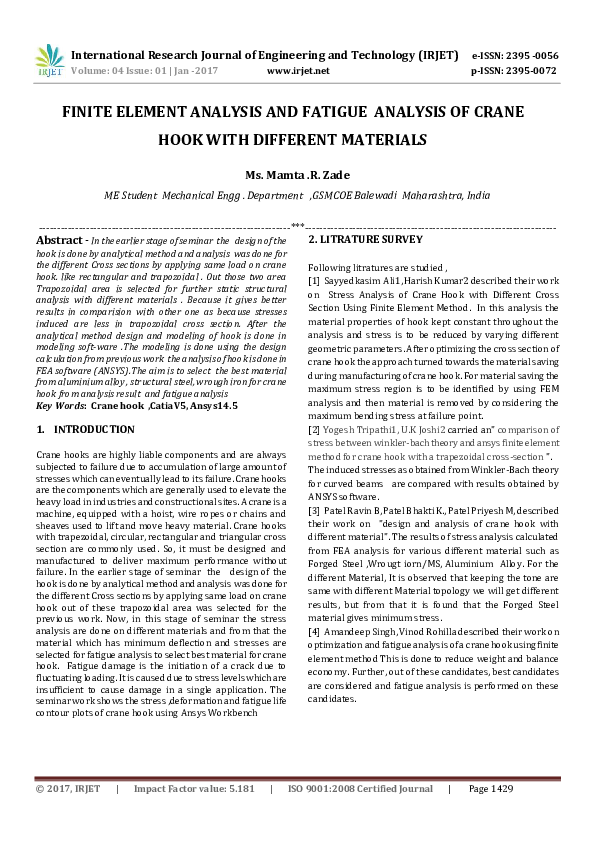 (PDF) FINITE ELEMENT ANALYSIS AND FATIGUE ANALYSIS OF CRANE HOOK WITH DIFFERENT MATERIALS