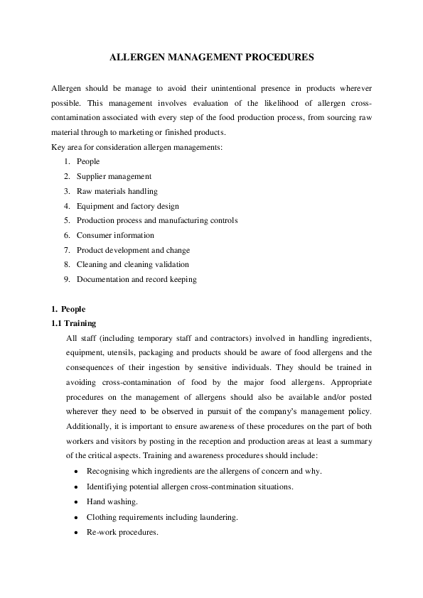 (DOC) ALLERGEN MANAGEMENT PROCEDURES new