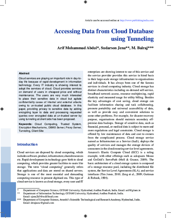 Pdf Accessing Data From Cloud Database Using Tunneling