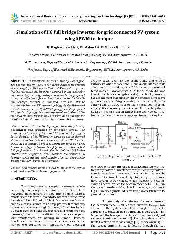 Pdf Simulation Of H6 Full Bridge Inverter For Grid Connected Pv System Using Spwm Technique