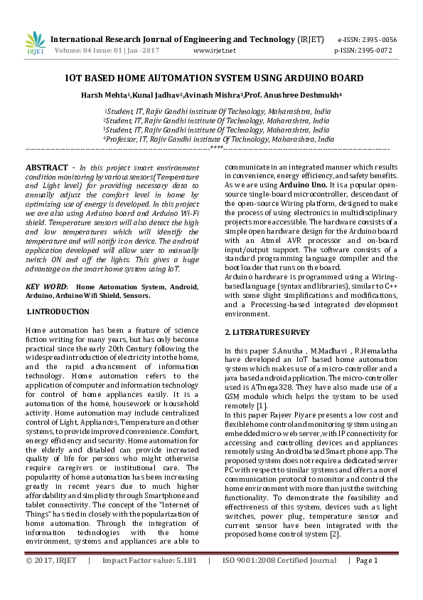 (PDF) IOT BASED HOME AUTOMATION SYSTEM USING ARDUINO BOARD