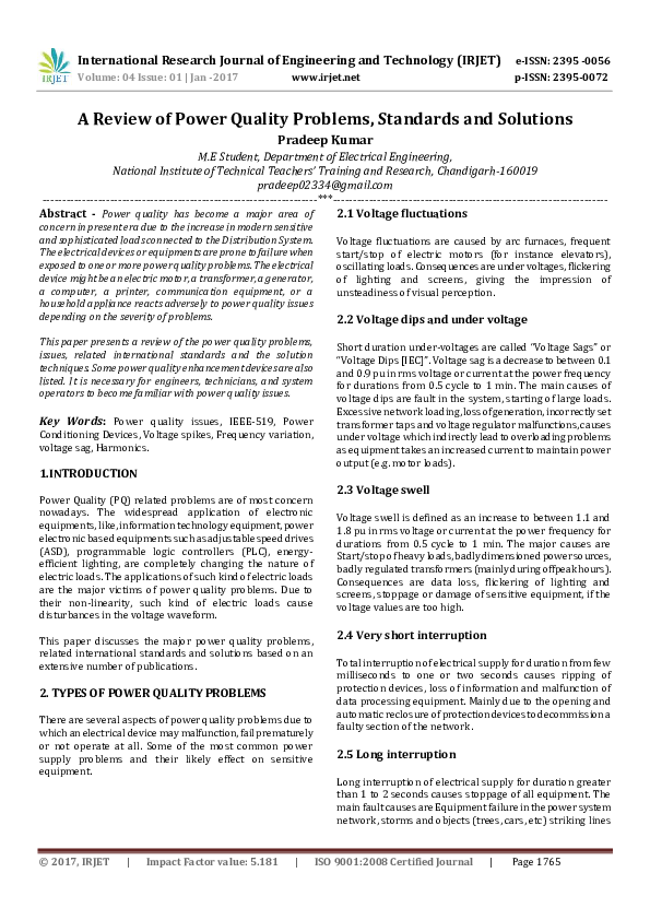 (PDF) A Review of Power Quality Problems, Standards and Solutions