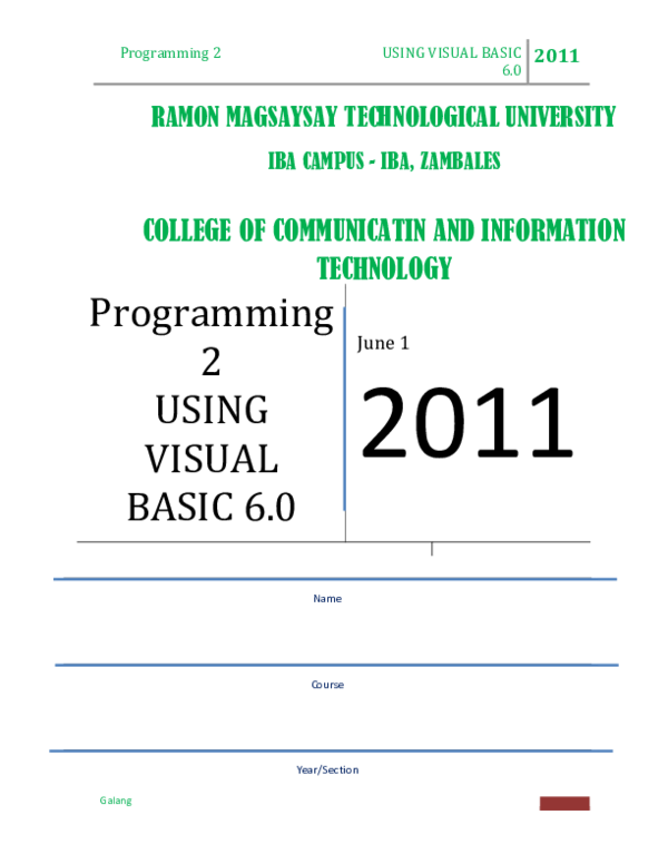 Pdf Programming 2 Using Visual Basic 6 0 Programming 2 Using Visual Basic 6 0 Ramon Magsaysay