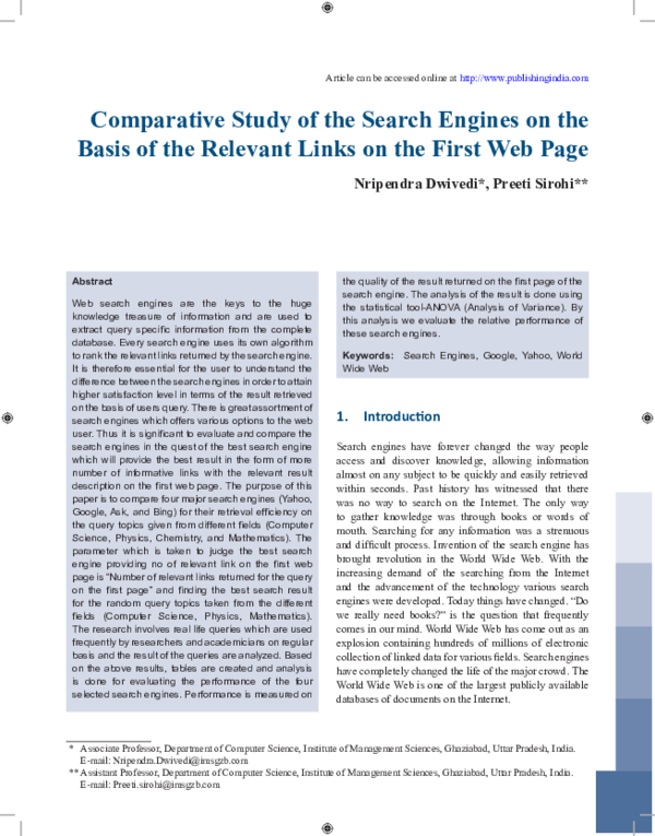 (PDF) Comparative Study of the Search Engines on the Basis of the Relevant Links on the First ...