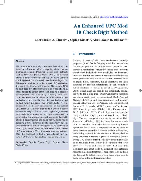 (PDF) An Enhanced UPC Mod 10 Check Digit Method