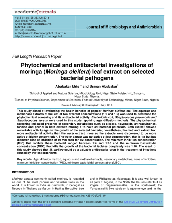 (PDF) Phytochemical and antibacterial investigations of moringa (Moringa oleifera) leaf extract ...