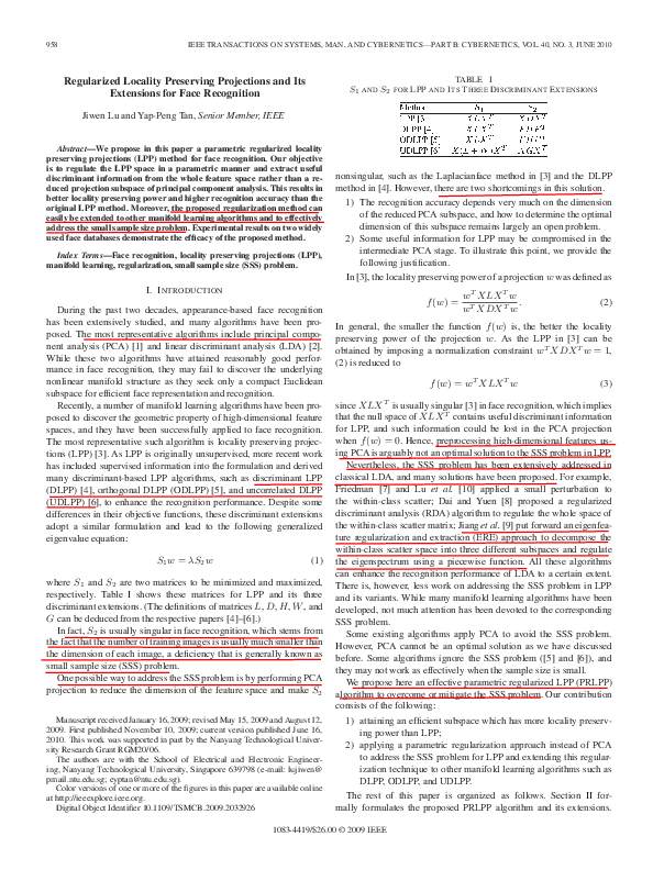 Pdf Regularized Locality Preserving Projections And Its Extensions For Face Recognition Man