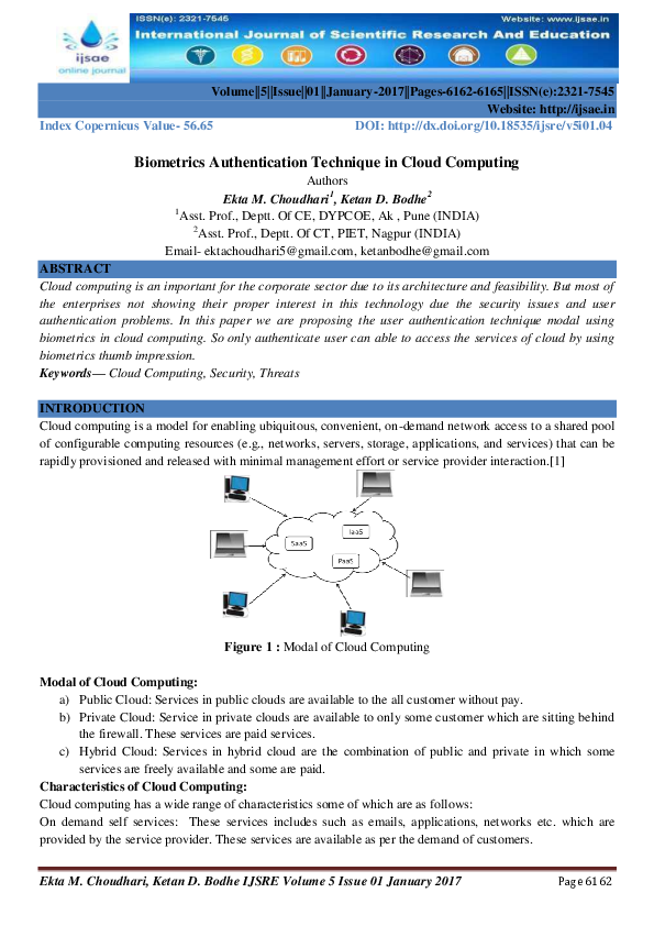 Pdf Biometrics Authentication Technique In Cloud Computing