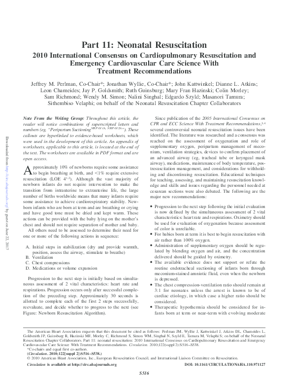 (PDF) Part 11: Neonatal Resuscitation: 2010 International Consensus on Cardiopulmonary ...
