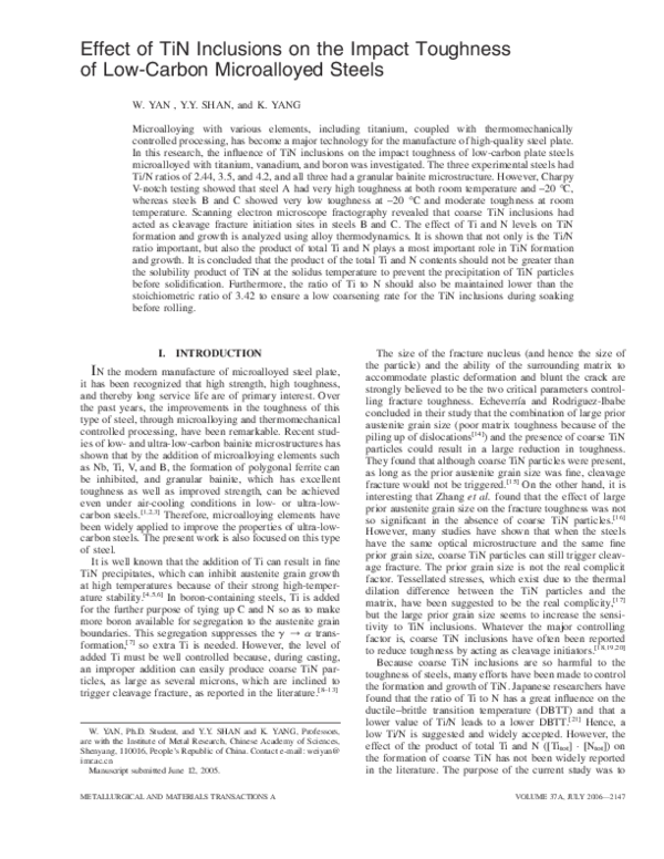 (PDF) Effect of TiN Inclusions on the Impact Toughness of Low-Carbon ...