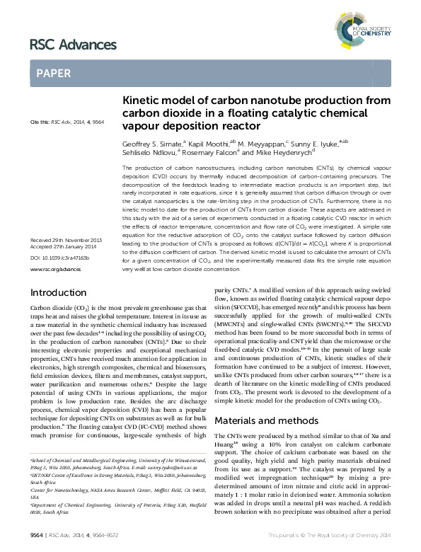 (PDF) Kinetic model of carbon nanotube production from carbon dioxide ...