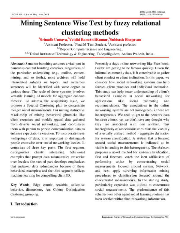 Pdf Mining Sentence Wise Text By Fuzzy Relational Clustering Methods Srinadh Unnava