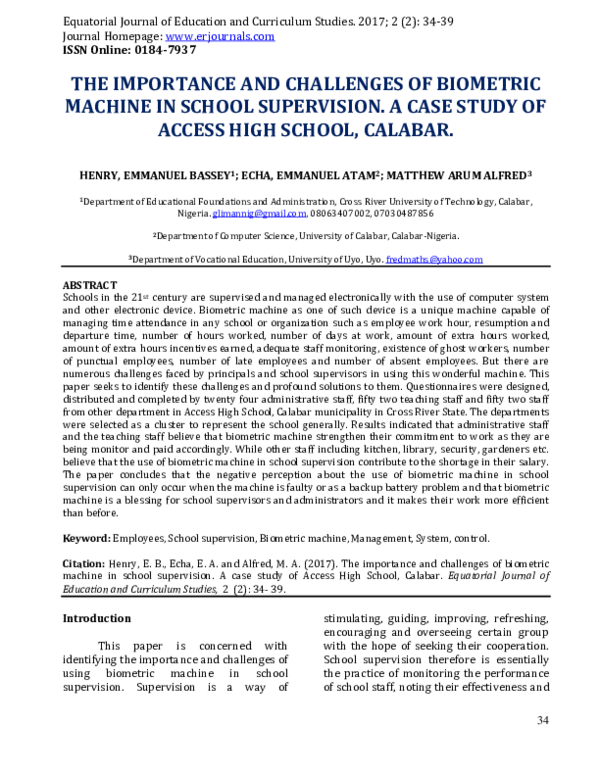 (PDF) THE IMPORTANCE AND CHALLENGES OF BIOMETRIC MACHINE IN SCHOOL ...