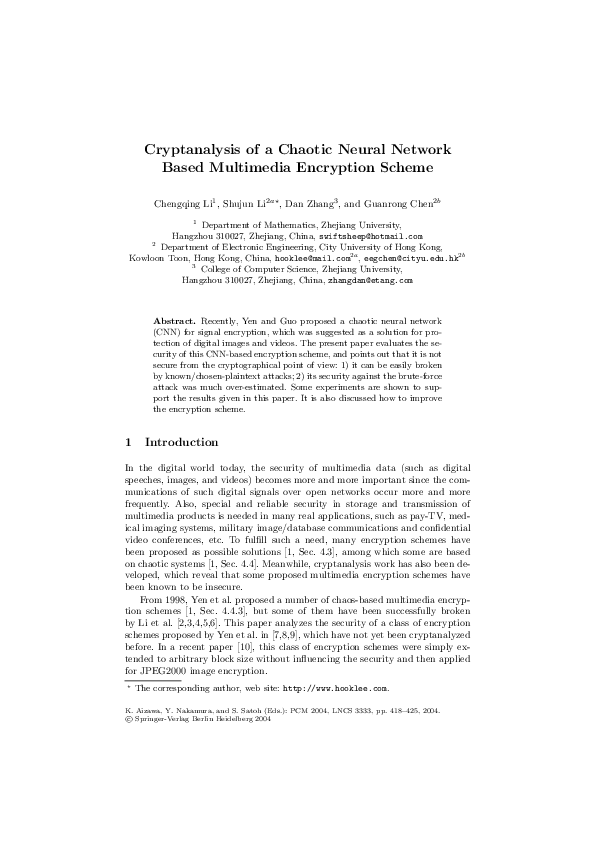 (PDF) 04 Cryptanalysis of a Chaotic Neural Network Based Multimedia Encryption Scheme.pdf | Cary ...