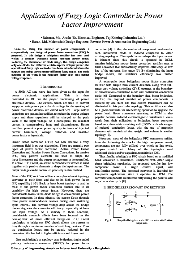 Pdf Application Of Fuzzy Logic Controller In Power Factor Improvement 