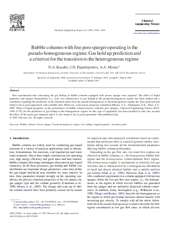 (PDF) Bubble columns with fine pore sparger operating in the pseudo-homogeneous regime: Gas hold ...