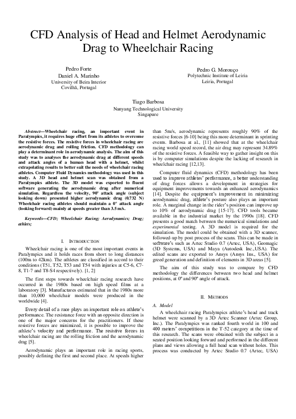 (PDF) CFD Analysis of Head and Helmet Aerodynamic Drag to Wheelchair Racing