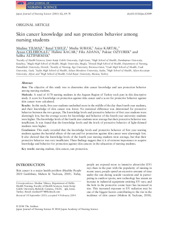 (PDF) Skin cancer knowledge and sun protection behavior among nursing ...