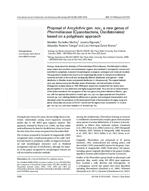 (PDF) Proposal of Ancylothrix gen. nov., a new genus of Phormidiaceae ...