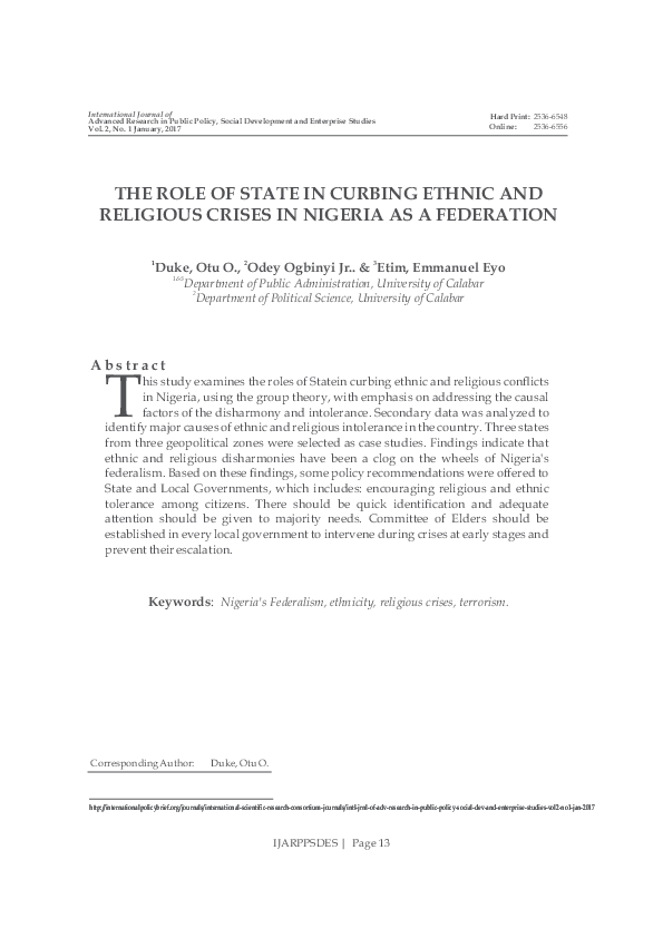 (PDF) THE ROLE OF STATE IN CURBING ETHNIC AND RELIGIOUS CRISES IN ...
